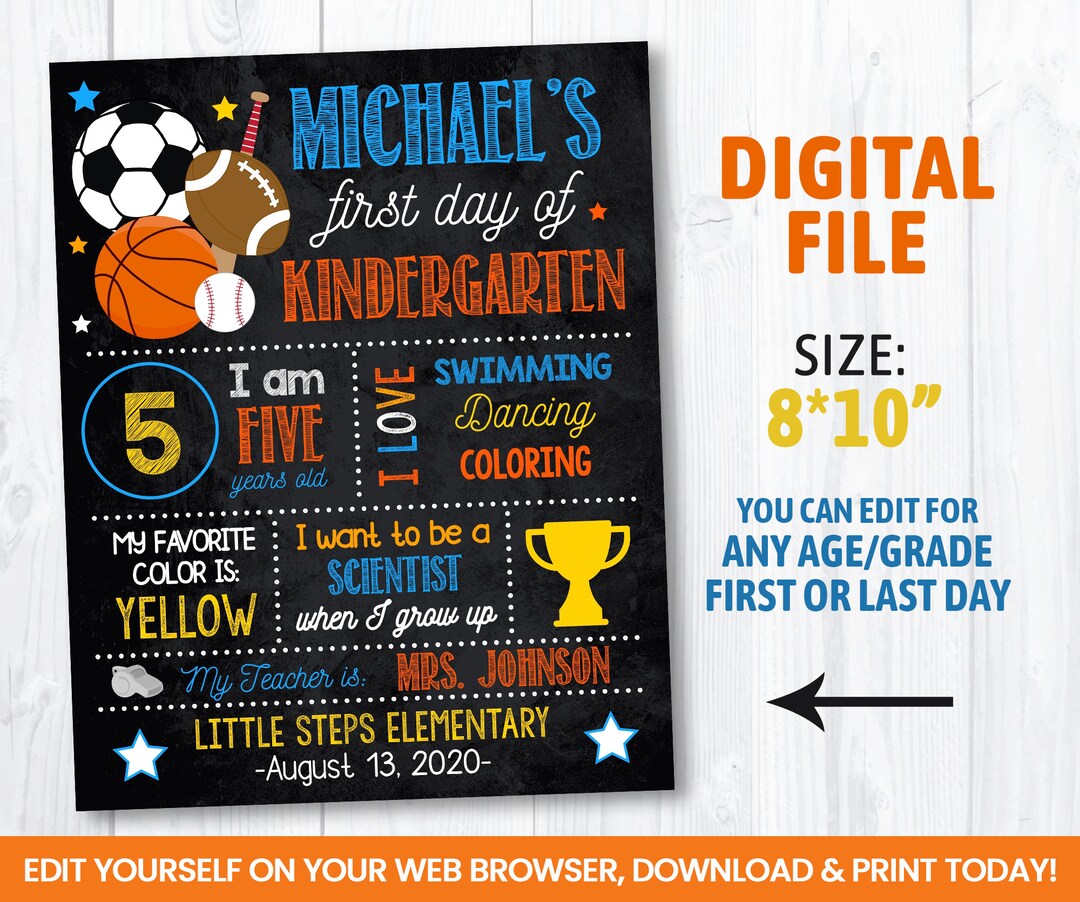 EDITABLE Sports 1st Day of School Chalkboard Sign, Any Grade Self ...