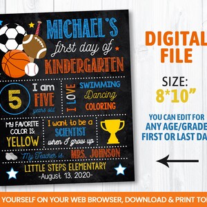 EDITABLE Sports 1st Day of School Chalkboard Sign, Any Grade Self ...