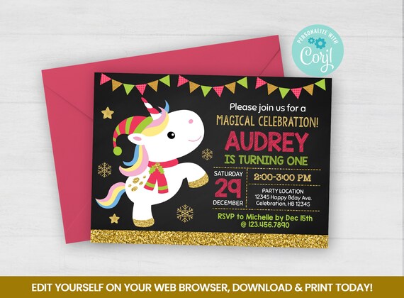 Editable Christmas Unicorn Invitation Magical Gold Glitter Self