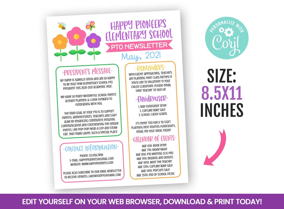 EDITABLE School Pto Pta Spring Newsletter, May Meeting, Shamrock ...