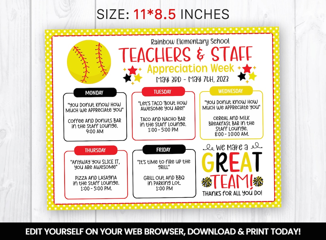 EDITABLE Softball Teacher Staff Appreciation Flyer, Sports Itinerary ...