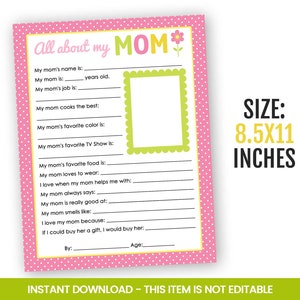 All About My Mom Printable Mother's Day Questionnaire - Etsy