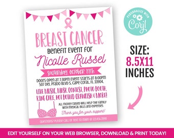 EDITABLE Breast Cancer Fundraiser Event Flyer, Cancer Benefit ...