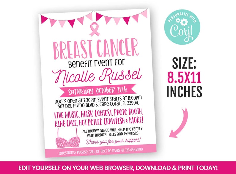 EDITABLE Breast Cancer Fundraiser Event Flyer Cancer Benefit - Etsy
