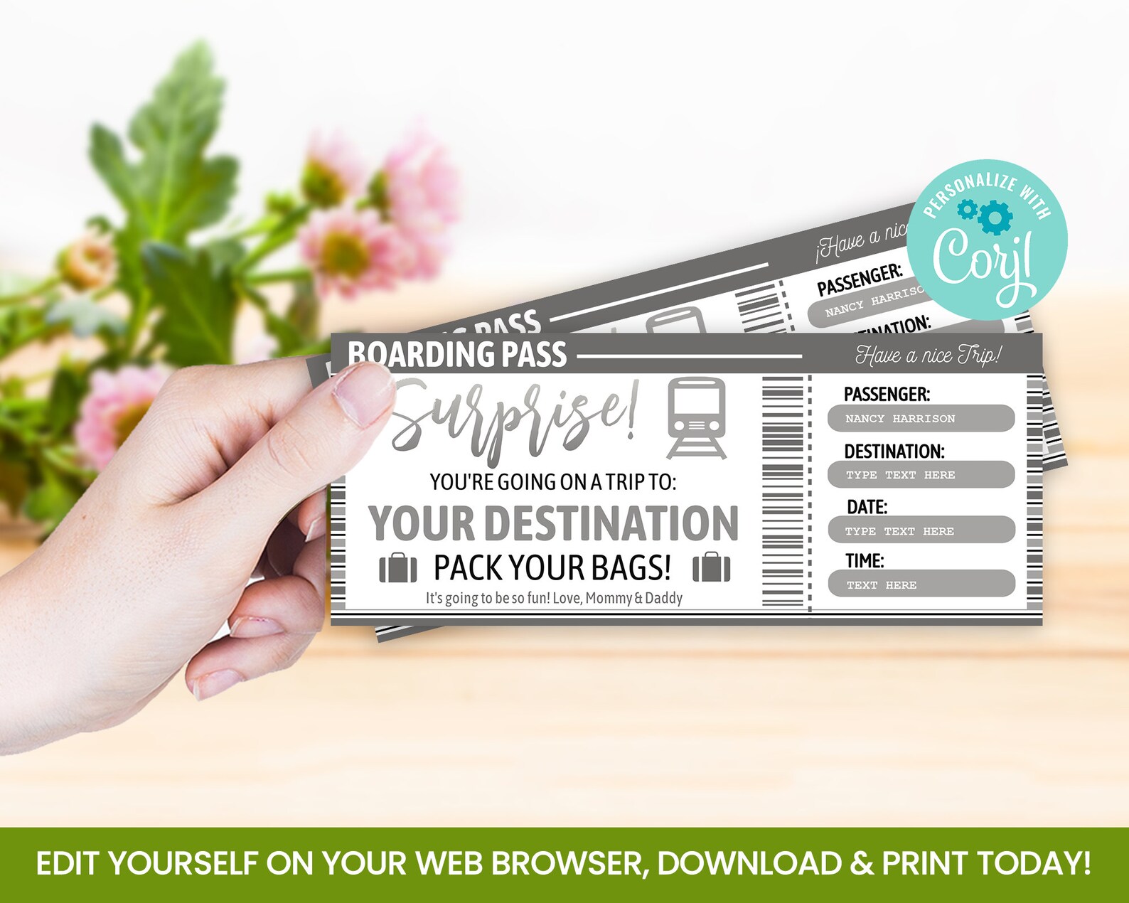 EDITABLE Railroad Train Boarding Pass Surprise Ticket | Etsy