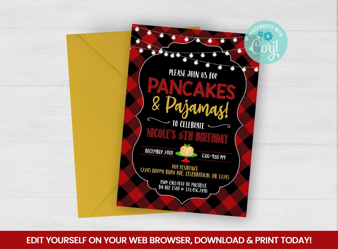 Editable Pancakes & Pajamas Invitation, Buffalo Plaid Self Editing ...