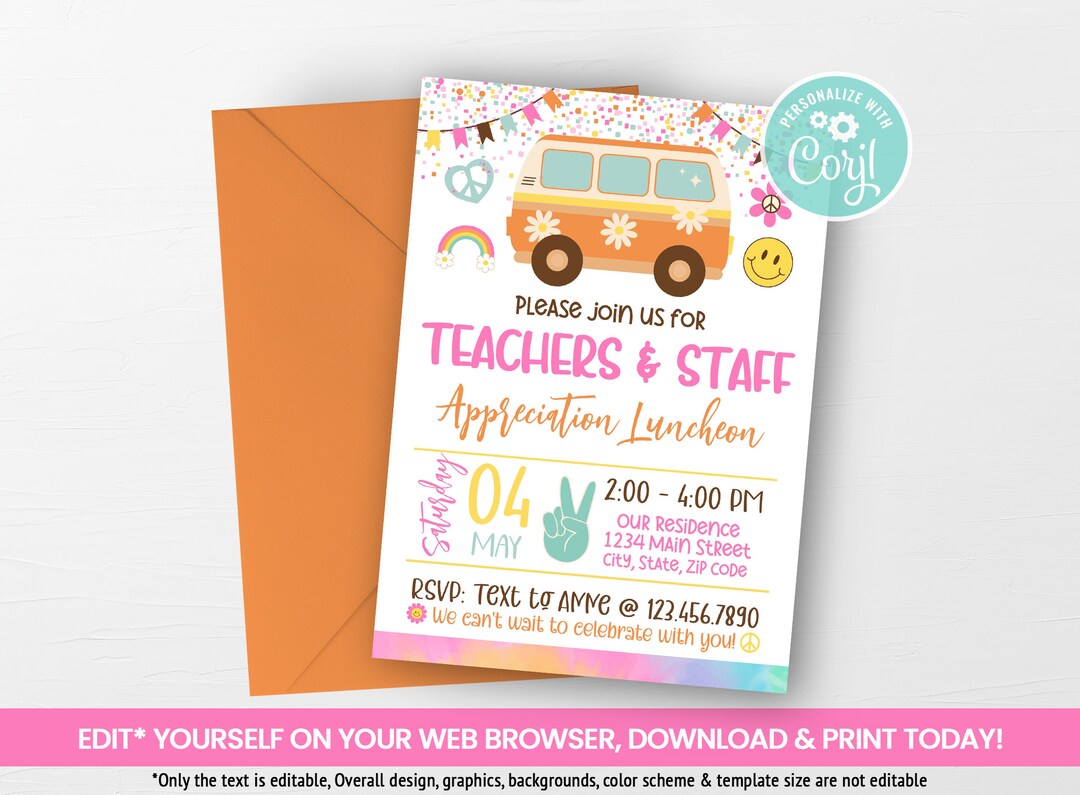 EDITABLE Groovy Retro Teacher & Staff Appreciation Invitation ...