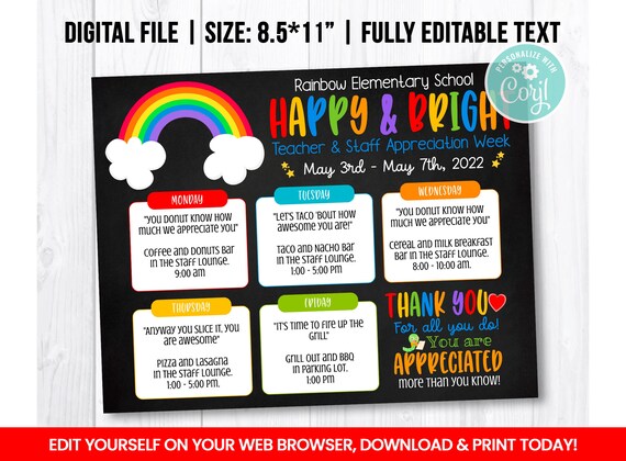 EDITABLE Teacher and Staff Appreciation Week Flyer, Itinerary Week Self ...