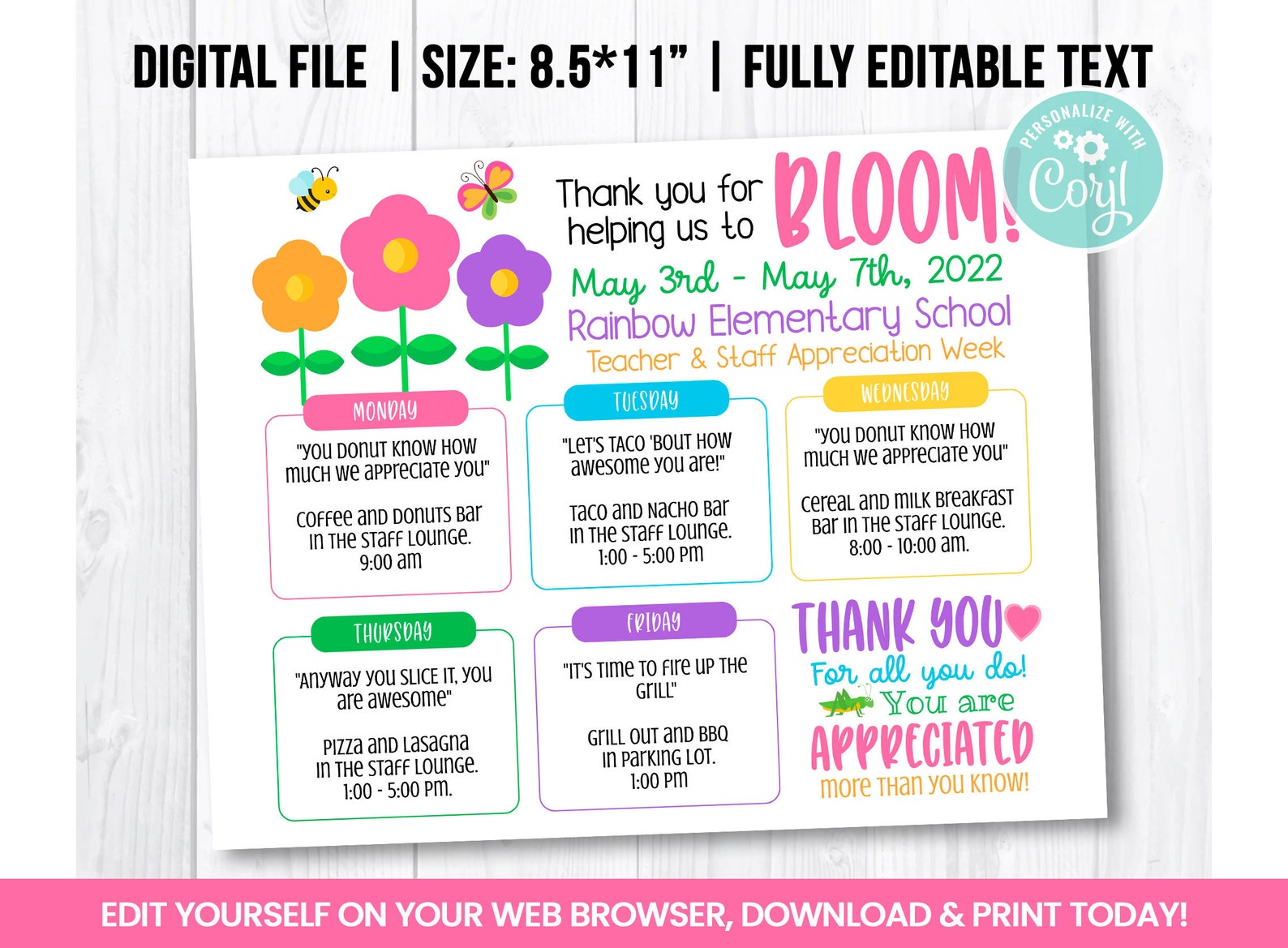 EDITABLE Bloom Teacher and Staff Appreciation Flyer Itinerary - Etsy