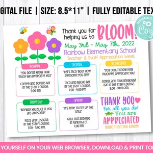 EDITABLE Bloom Teacher and Staff Appreciation Flyer, Itinerary Week ...