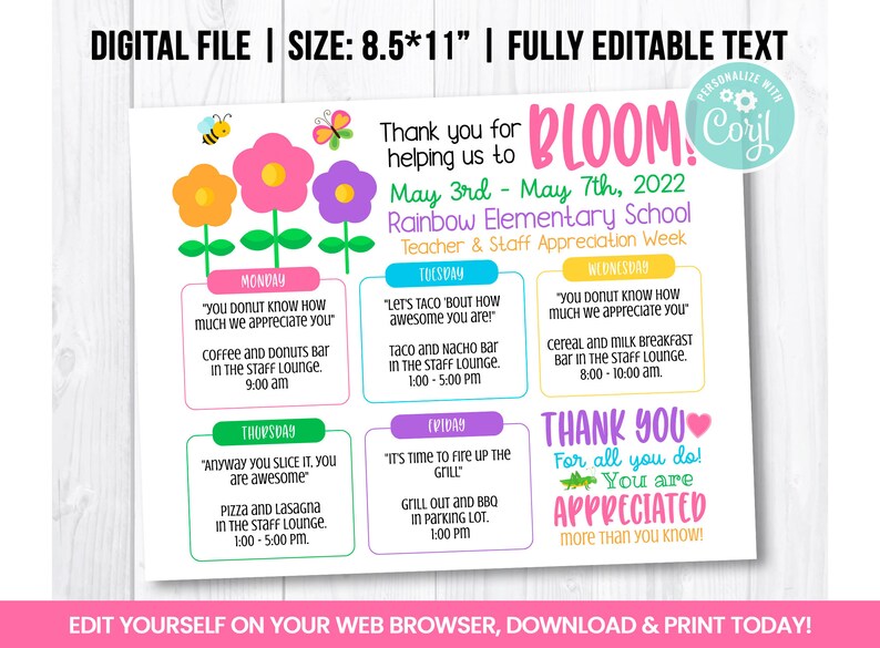 EDITABLE Bloom Teacher and Staff Appreciation Flyer Itinerary - Etsy