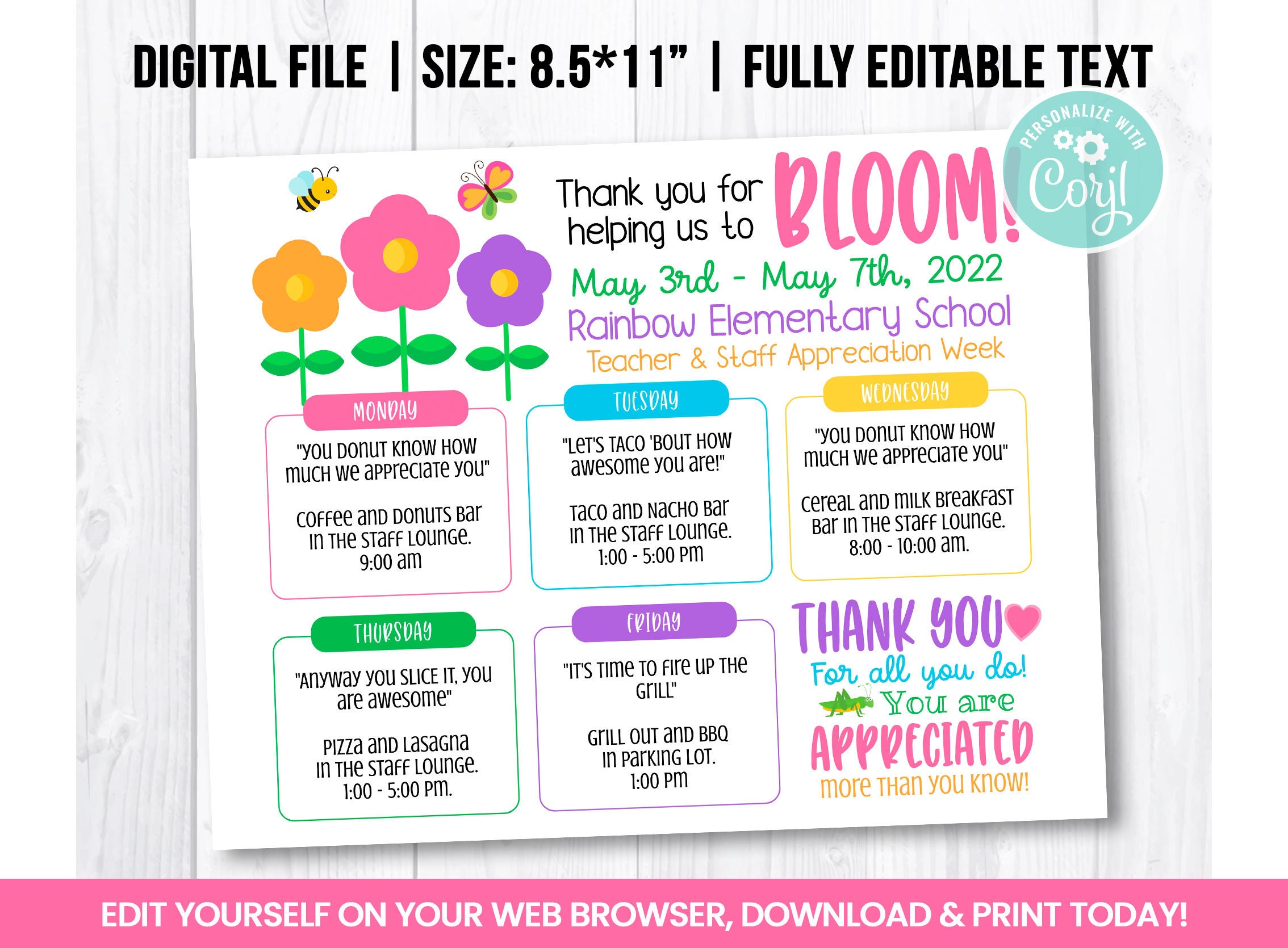 EDITABLE Bloom Teacher and Staff Appreciation Flyer Itinerary - Etsy