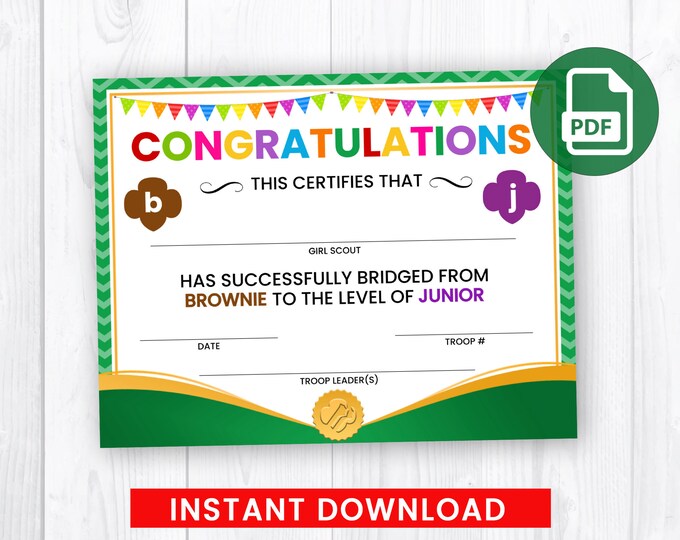 Girl Scout Bridging Certificate, Brownie to Junior Ceremony PDF Instant ...