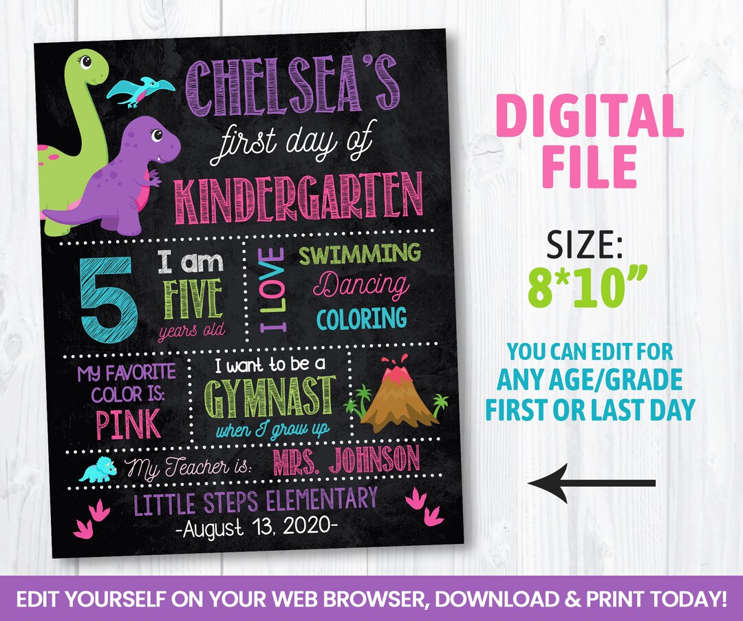 EDITABLE Dinosaur 1st Day of School Chalkboard Sign, Dinosaur Self ...