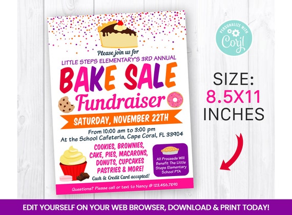 EDITABLE Bake Sale Fundraiser Flyer Template, Charity Non Profit Event ...