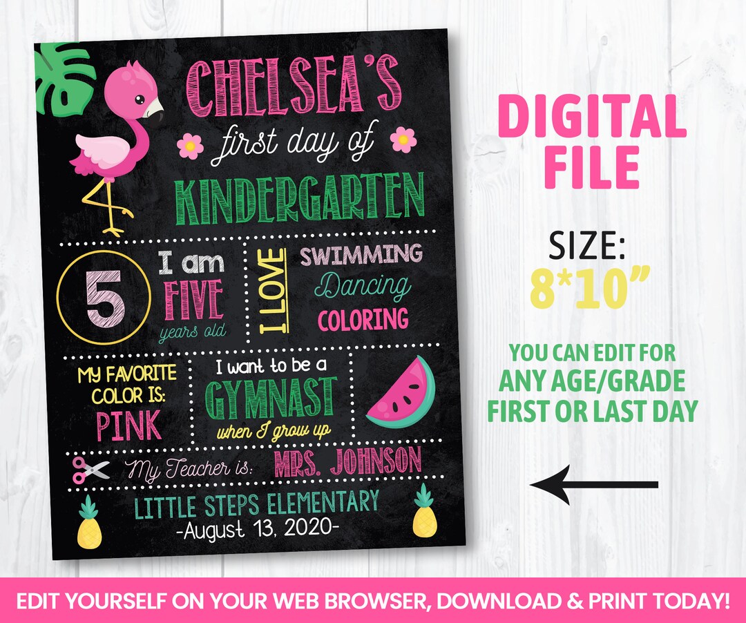 EDITABLE Flamingo 1st Day of School Chalkboard Sign, Pineapple ...