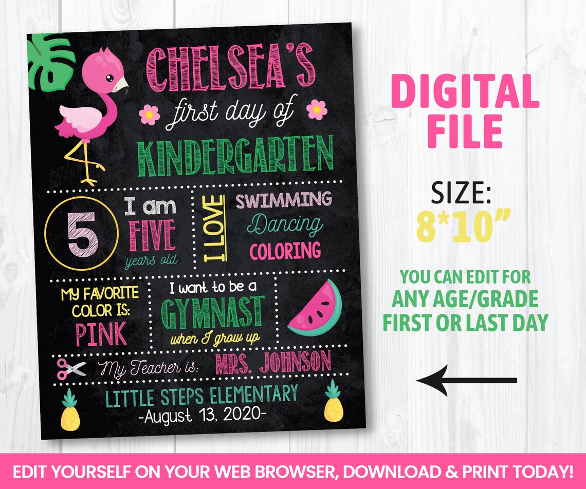 EDITABLE Flamingo 1st Day of School Chalkboard Sign - Etsy