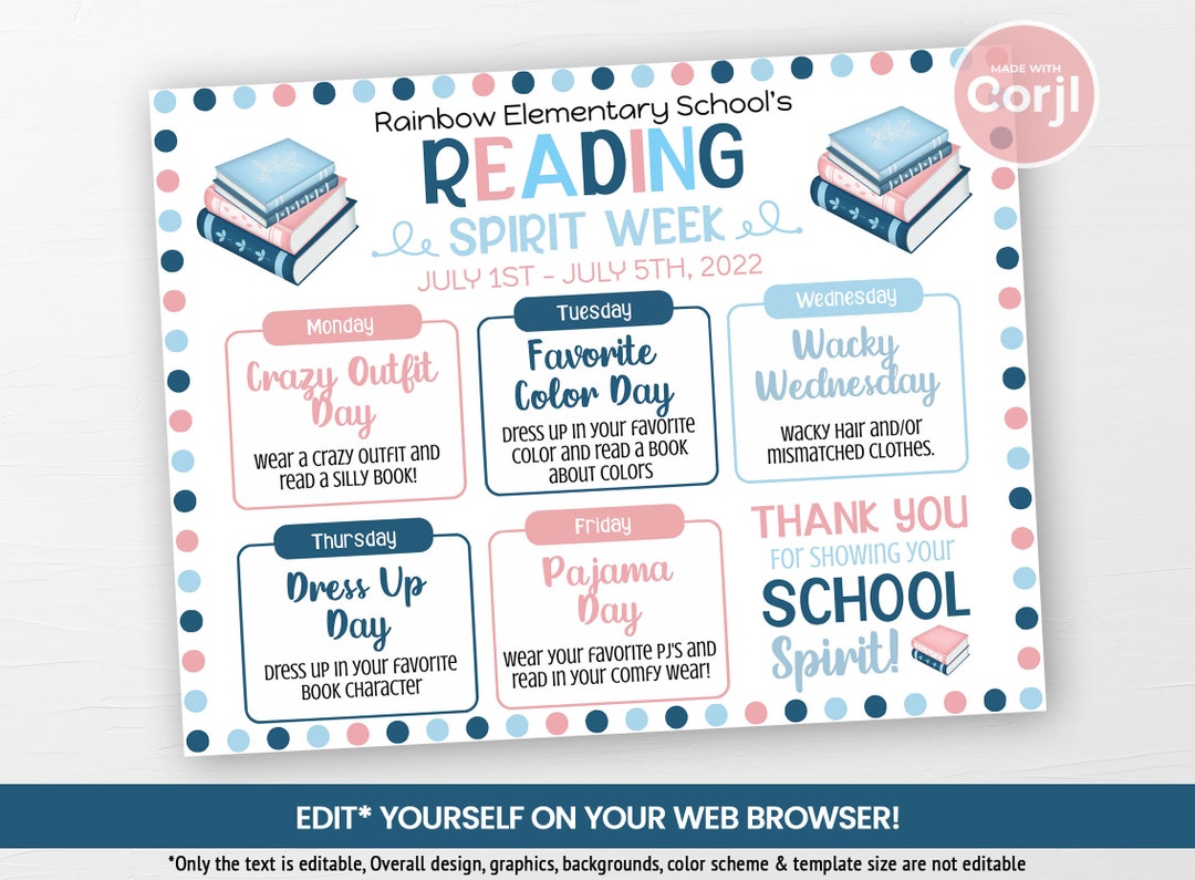 EDITABLE Reading Spirit Week Flyer, Literacy Itinerary Self Editing ...