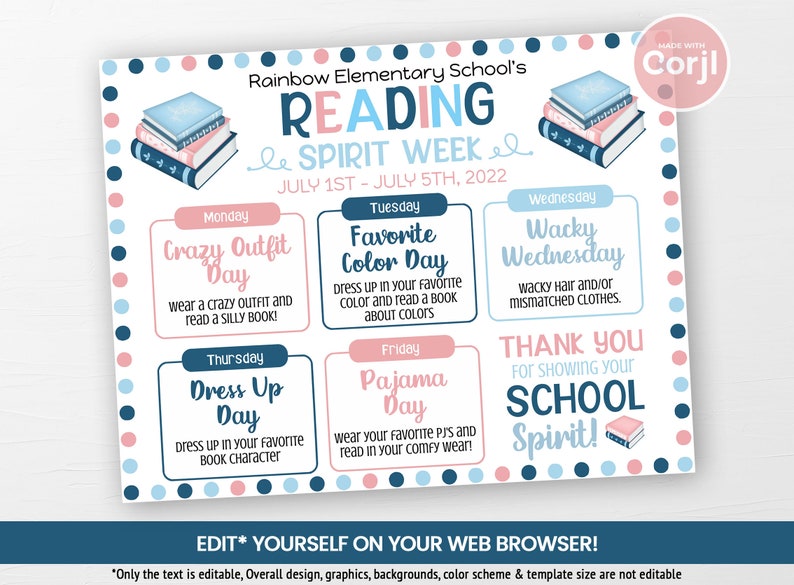 EDITABLE Reading Spirit Week Flyer, Literacy Itinerary Self Editing ...