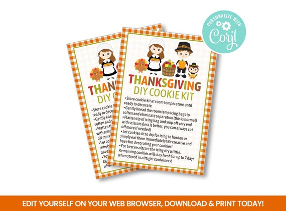 Editable Thanksgiving DIY Cookie Kit Instructions, Cookie Packaging ...