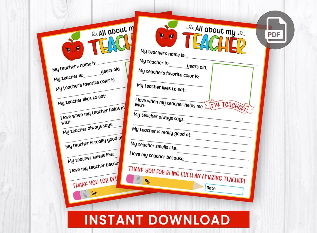 All About My Teacher Appreciation Week Questionnaire, Kids Survey ...