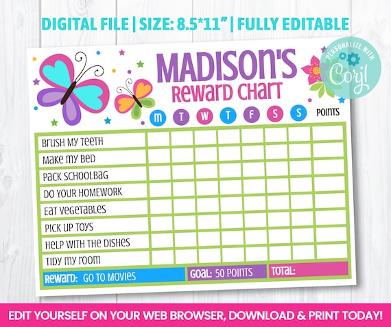 EDITABLE Butterfly Reward Chart, Flowers Routine Chart, Self Editing ...