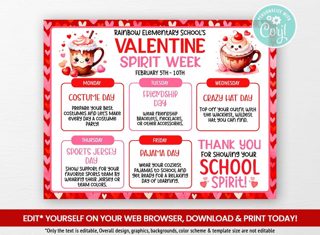Valentine's Spirit Week Editable Itinerary With Watercolor Coffee Cups ...