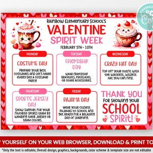 Valentine's Spirit Week Editable Itinerary With Watercolor Coffee Cups ...