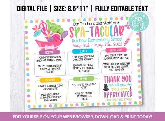 EDITABLE Spa Salon Teacher and Staff Appreciation Week Flyer - Etsy