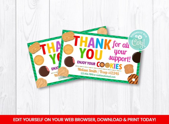 EDITABLE Scout Cookie Thank You Rectangle Card, Delivery Note Enclosure ...