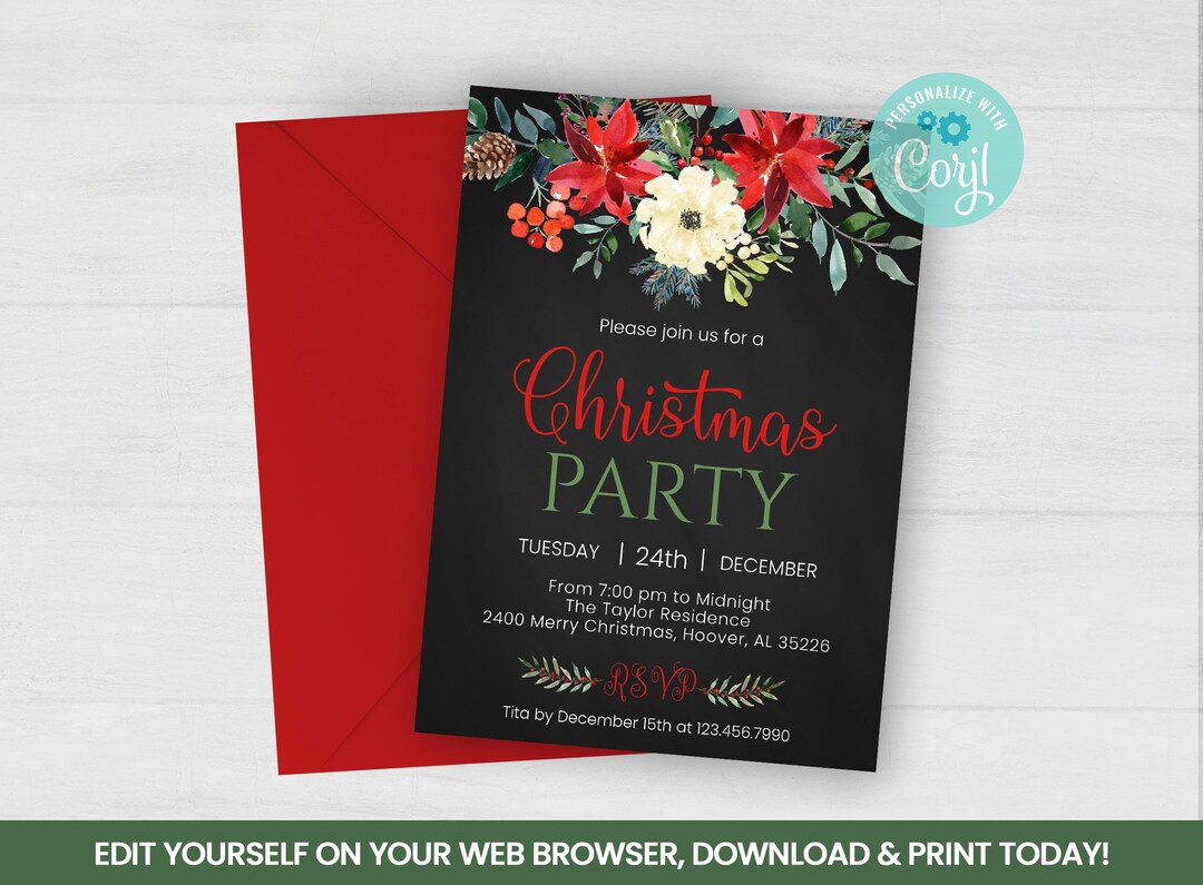 Editable Christmas Hand Painted Floral Invitation, Holiday Ornament ...