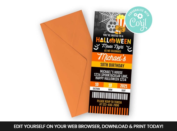 Editable Halloween Movie Night Ticket Invitation, Cinema Self Editing ...