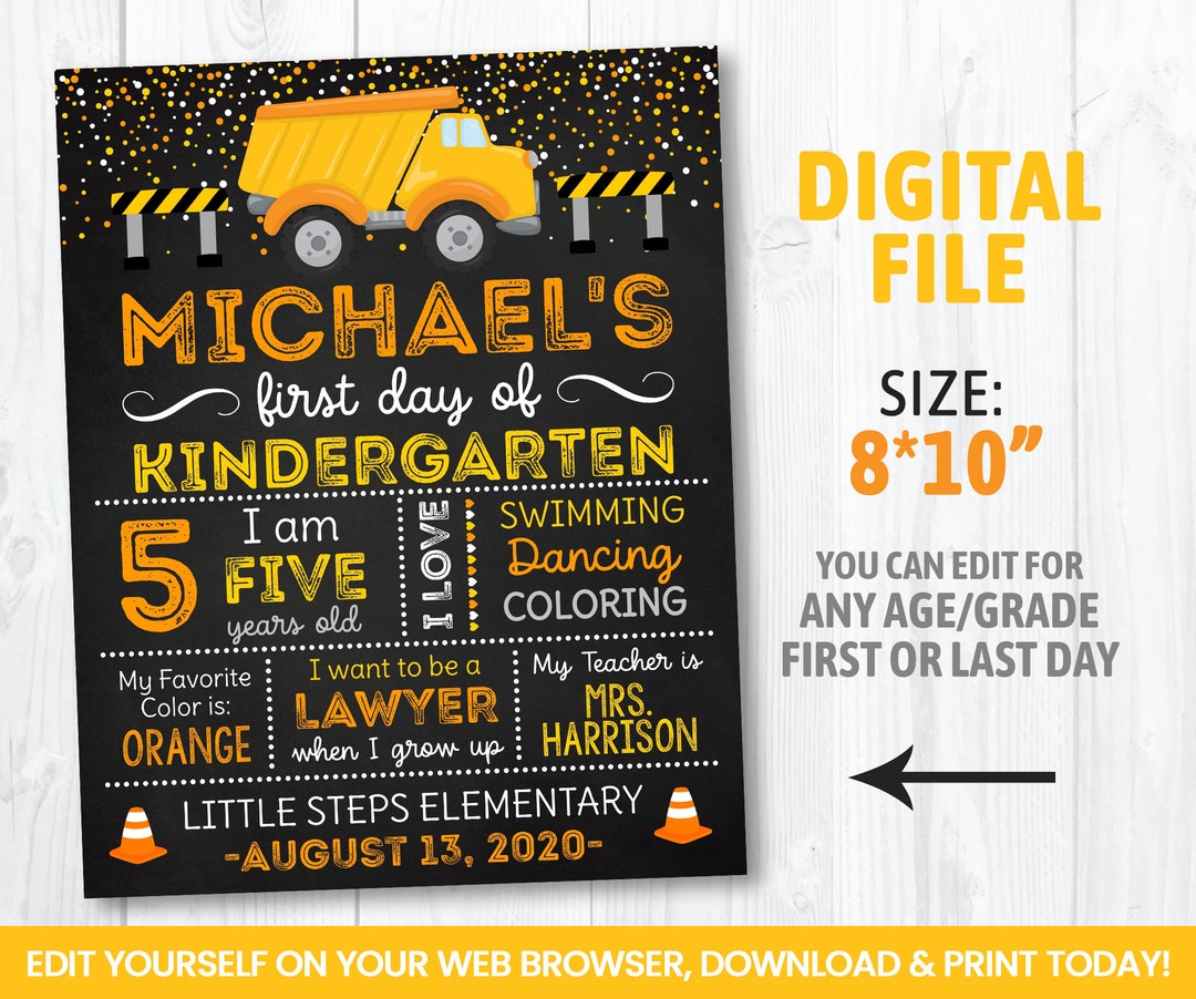EDITABLE Construction Truck 1st Day of School Chalkboard Sign ...