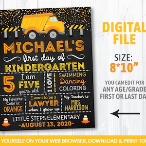 EDITABLE Construction Truck 1st Day of School Chalkboard Sign ...