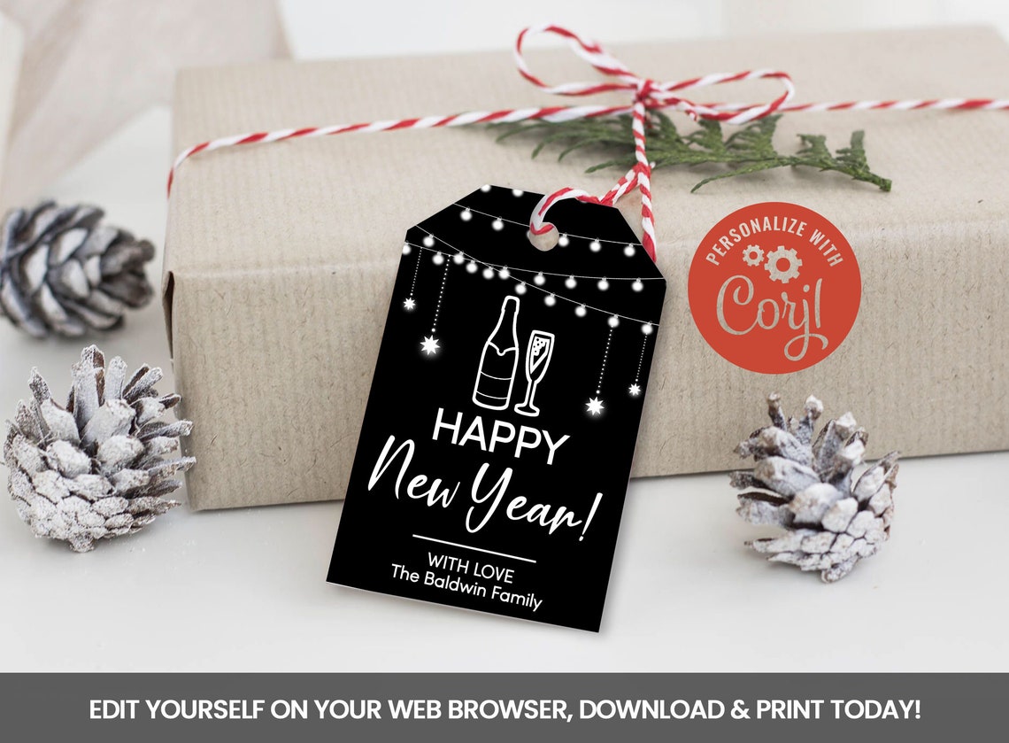 Editable Happy New Year Gift Tags Black & White Lights | Etsy