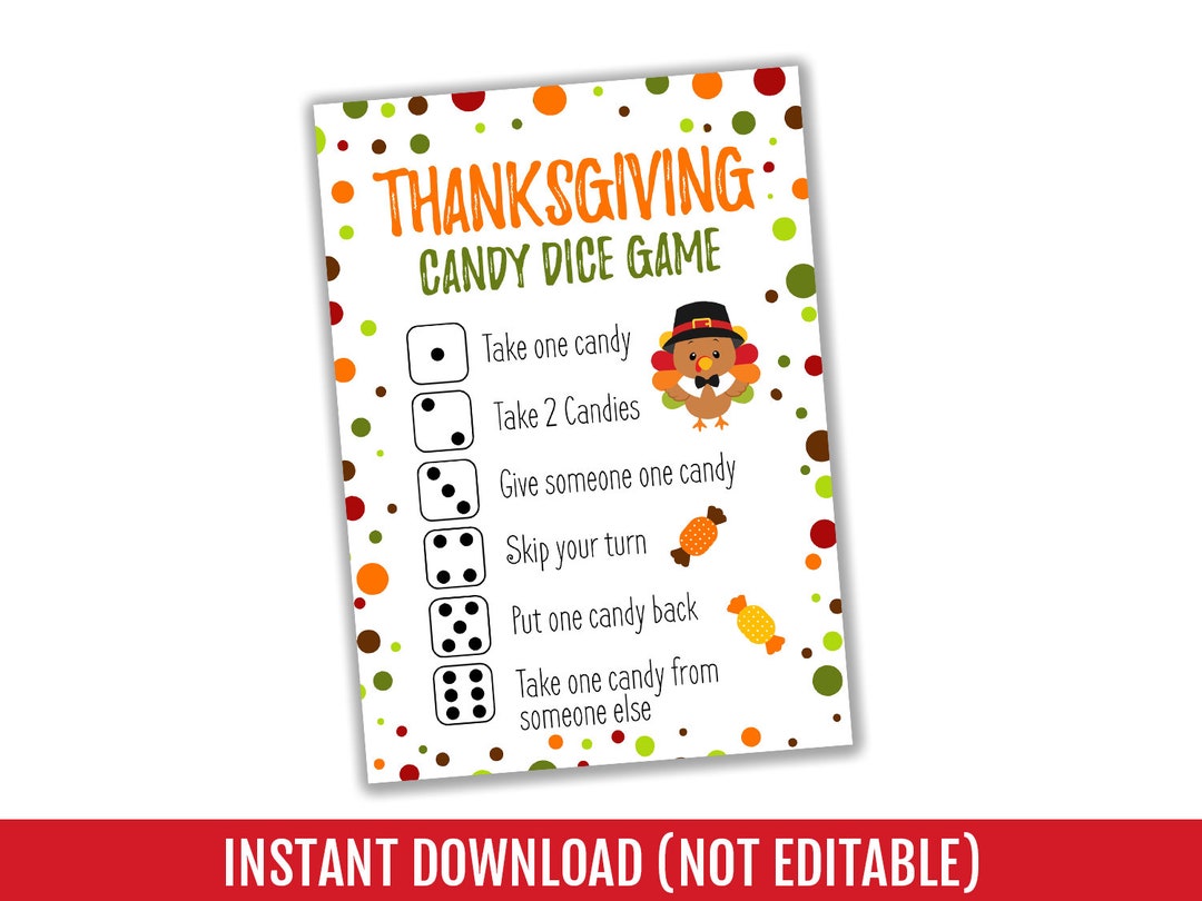 Thanksgiving Candy Dice Game Printable Turkey Kids (Download Now) - Etsy