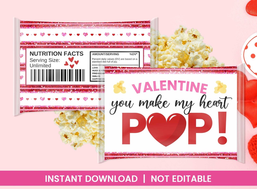 Printable Microwave Popcorn Wrapper for Valentine's Day Hearts Design ...