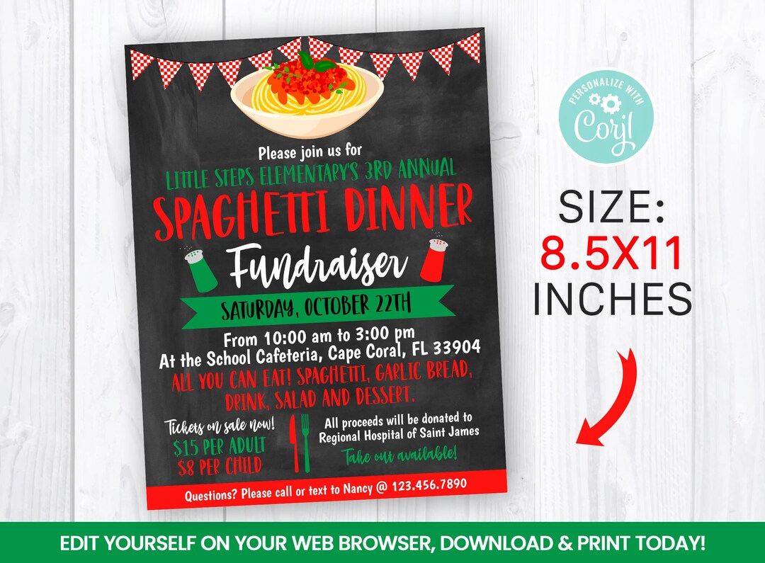 EDITABLE Pasta Dinner Fundraiser Flyer Template, Charity Non Profit ...