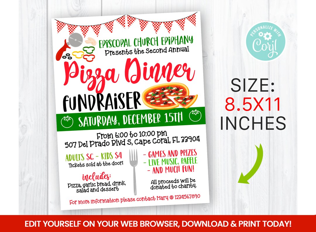 EDITABLE Pizza Dinner Fundraiser Flyer Template, Charity Non Profit ...