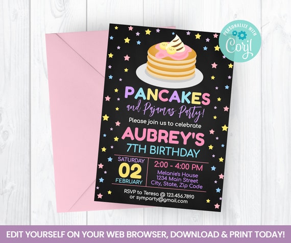 Editable Pancakes And Pajamas Invitation Chalkboard Faux Self Editing