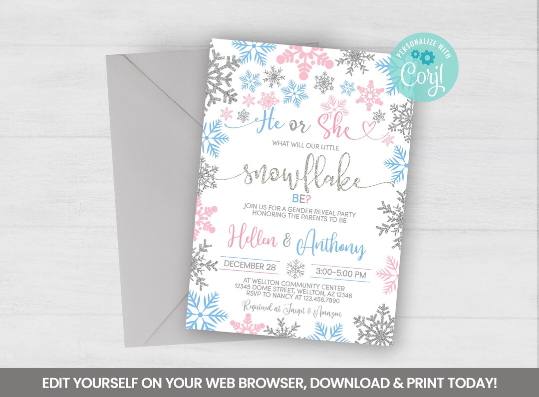 Editable Little Snowflake Invitation, Winter Gender Reveal Invitation ...