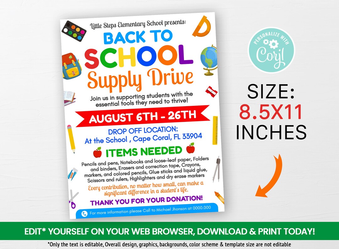 EDITABLE Back to School Supply Drive Flyertemplate, Donations Poster ...