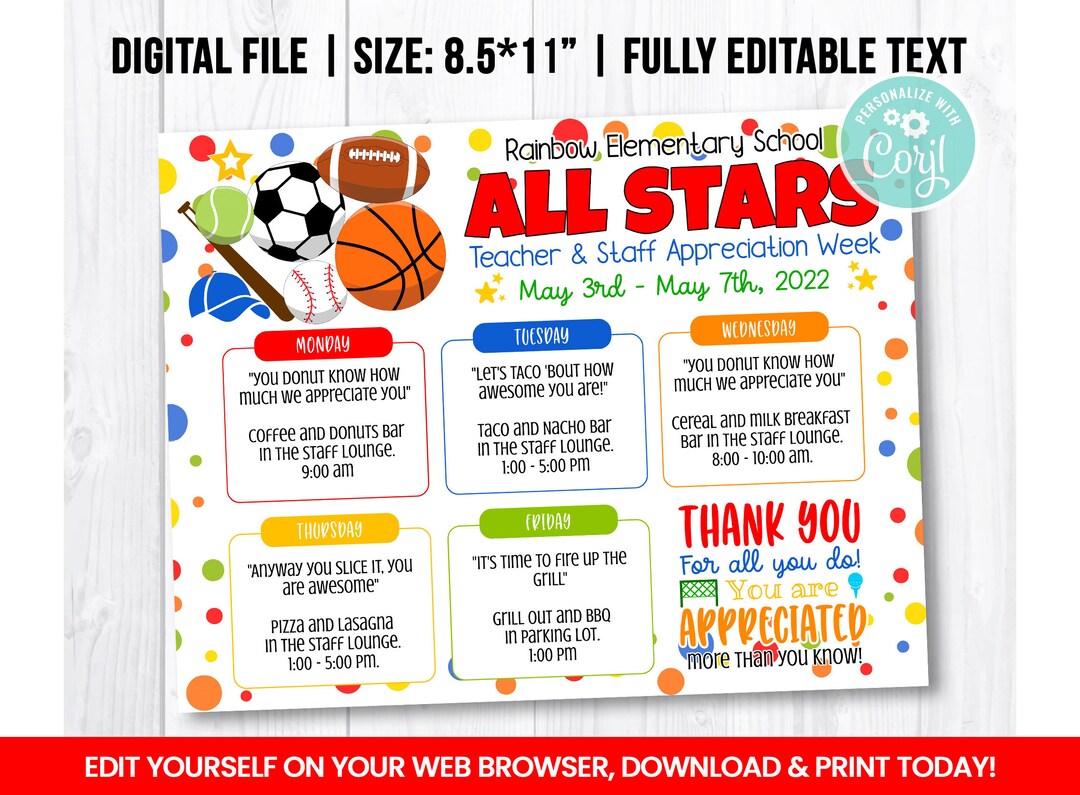 EDITABLE Sports Teacher and Staff Appreciation Week Flyer, Itinerary ...