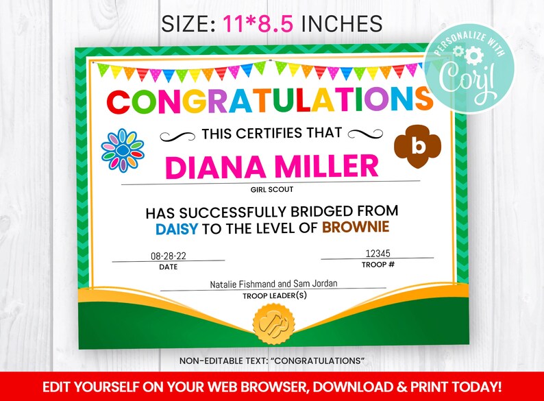 Editable Girl Scout Bridging Certificate Daisy to Brownie - Etsy