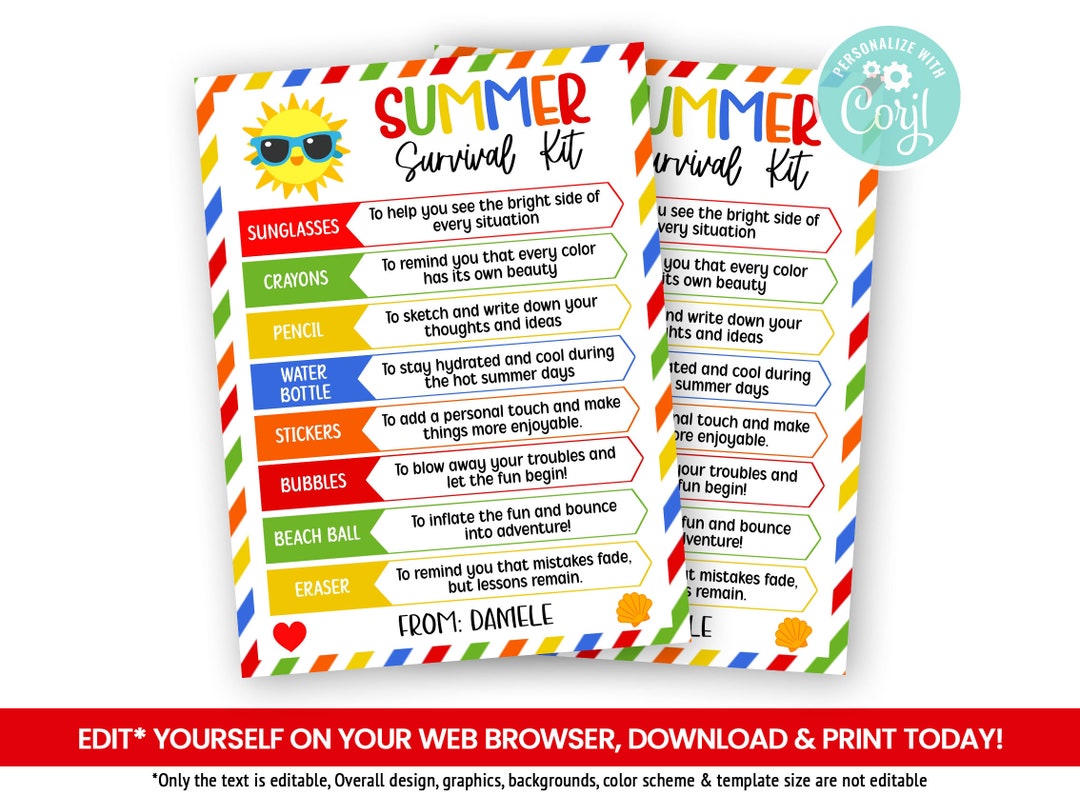 Printable Editable Summer Survival Kit Template, Self Editing Sun With ...