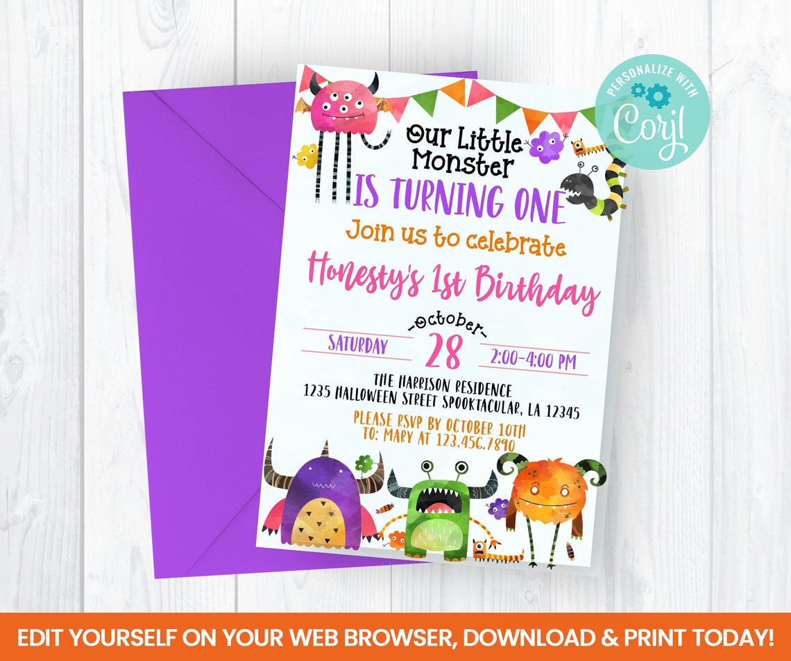 EDITABLE Monsters Invitation for Girl Self Editing Invite - Etsy