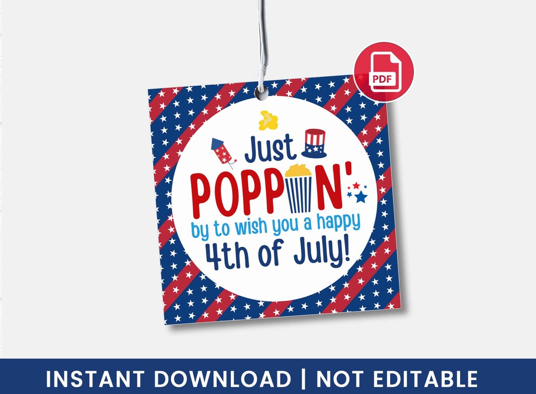 Patriotic Printable Popcorn Gift Tags, Happy Fourth of July Square Tag ...