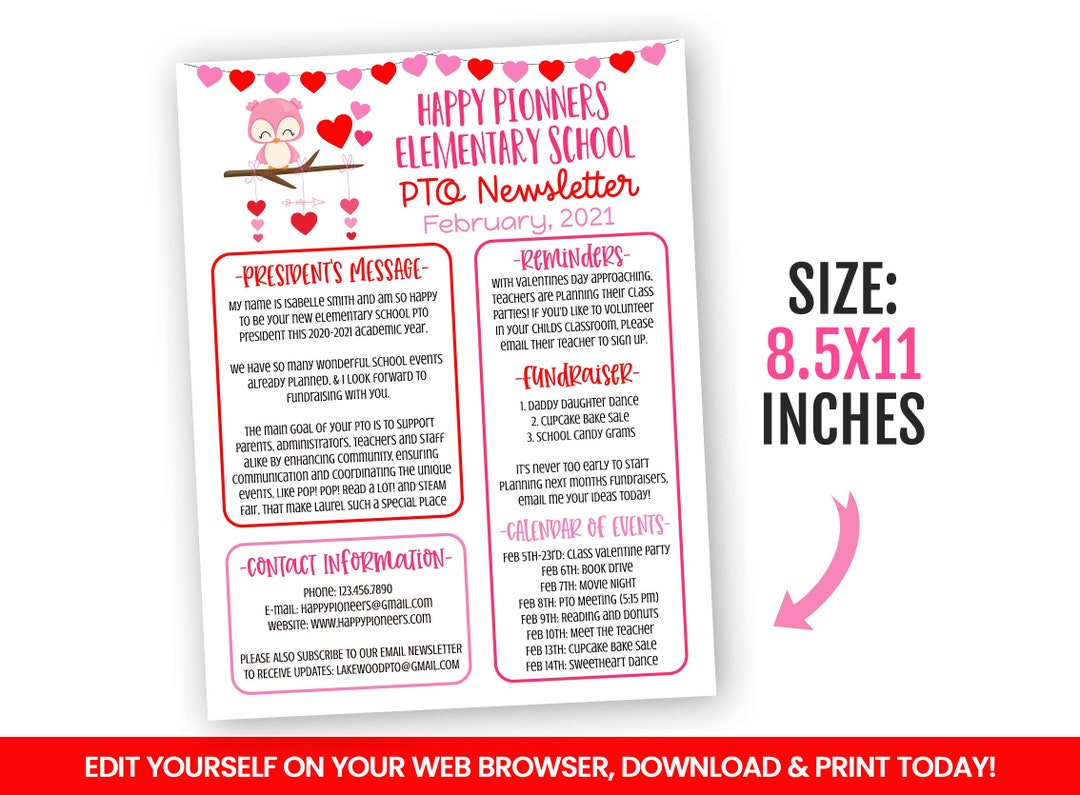 EDITABLE School Pto Pta Valentine Newsletter, February Meeting, Owl ...