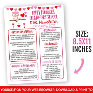 EDITABLE School Pto Pta Valentine Newsletter, February Meeting, Owl ...