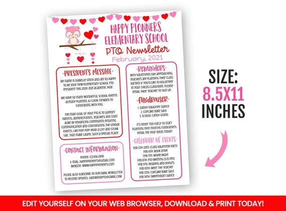 EDITABLE School Pto Pta Valentine Newsletter, February Meeting, Owl ...